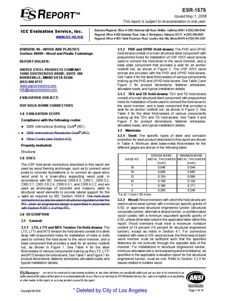 Usp Hold-Down Connectors | PDF | Screw | Deformation (Mechanics)