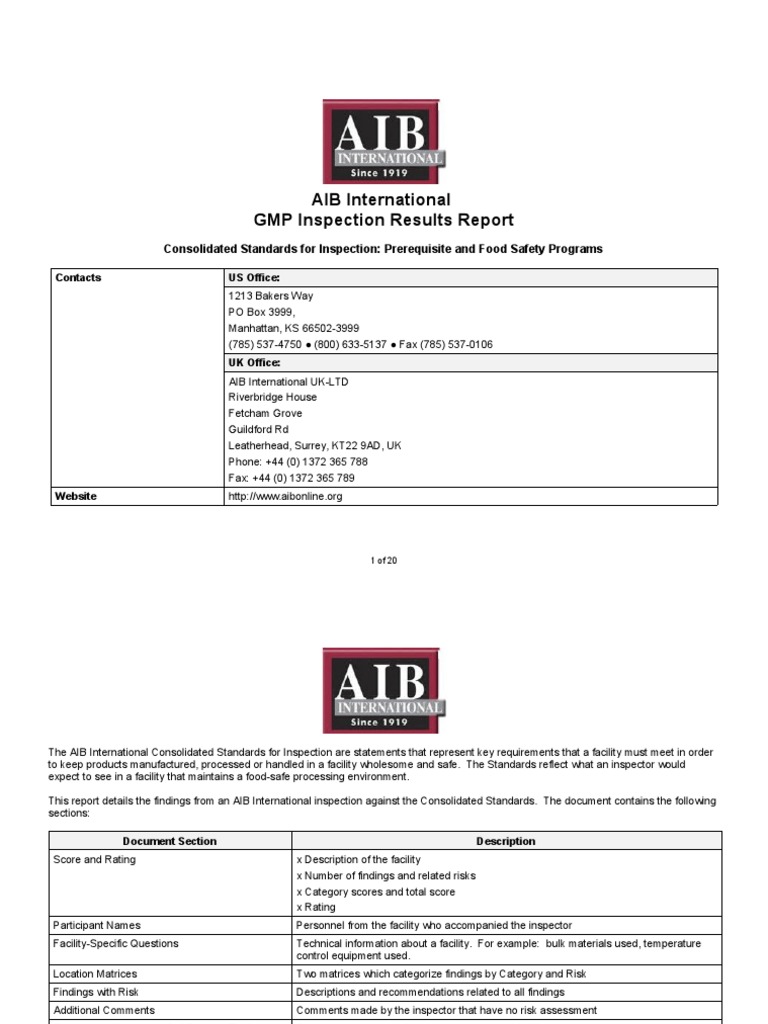 AIB GMP Inspection Report 2016 | PDF | Food Safety | Hazard Analysis ...