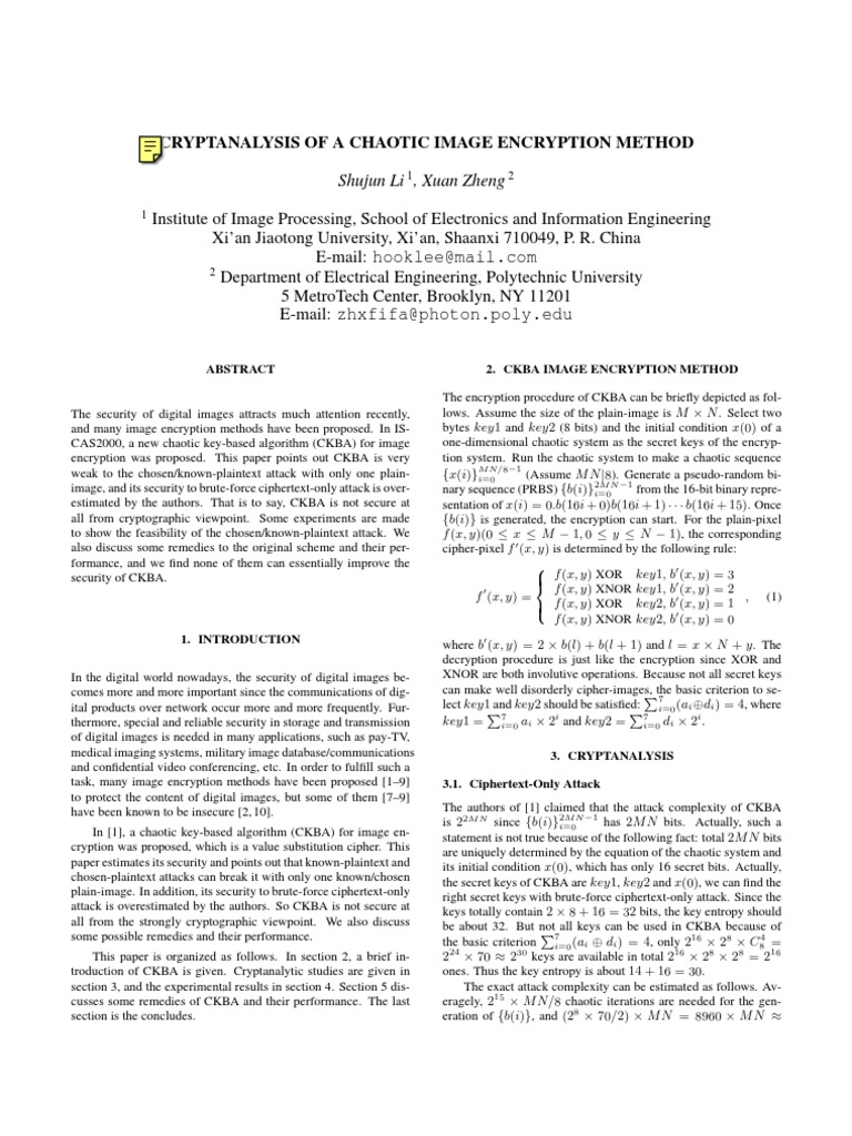 Cryptanalysis of A Chaotic Image Encrypt 274980 | PDF | Cryptography | Key (Cryptography)