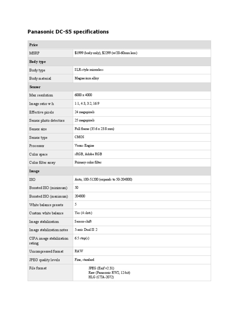 Panasonic DC-S5 Specifications: Price | Download Free PDF | Raw Image ...