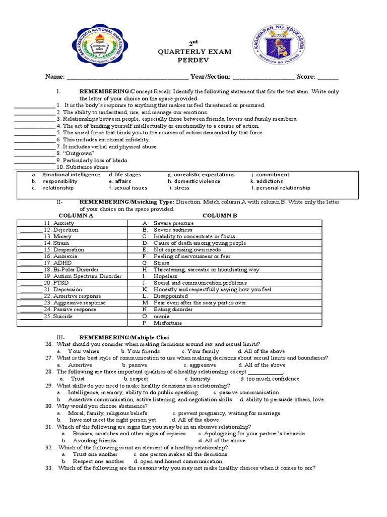 2nd QUARTERLY EXAM PERDEV | PDF | Neuroscience | Action (Philosophy)