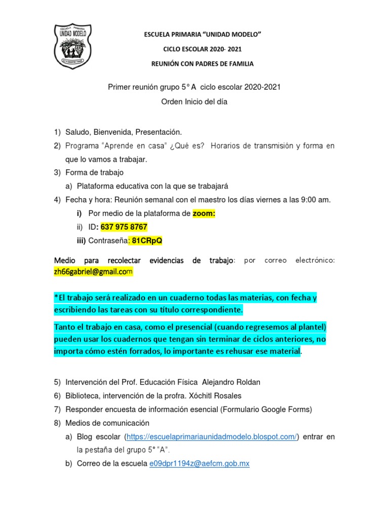 Primera Reunión de Padres 5° A 2020-2021 | PDF | Educación primaria | Blog