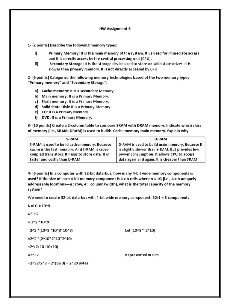 HW Assignment 6 | PDF | Random Access Memory | Computer Memory