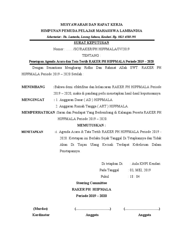 Surat Keputusan Penetapan Agenda Acara Dan Tata Tertib Raker | PDF