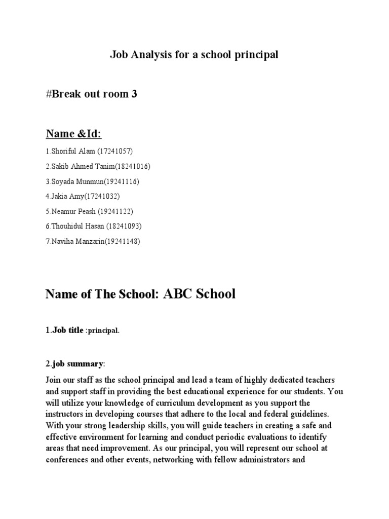 Principal Job Analysis at ABC School | PDF | Head Teacher | Teachers