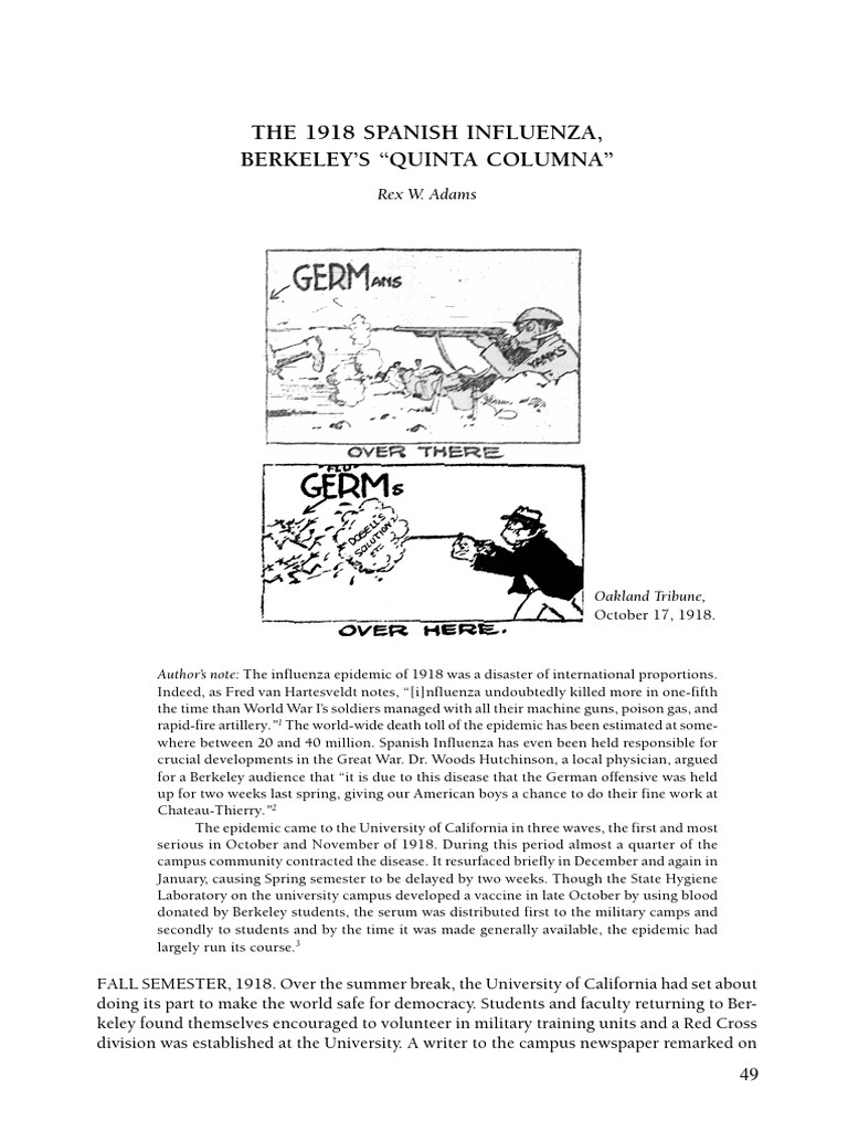 The 1918 Spanish Influenza, Berkeley'S "Quinta Columna" | PDF ...