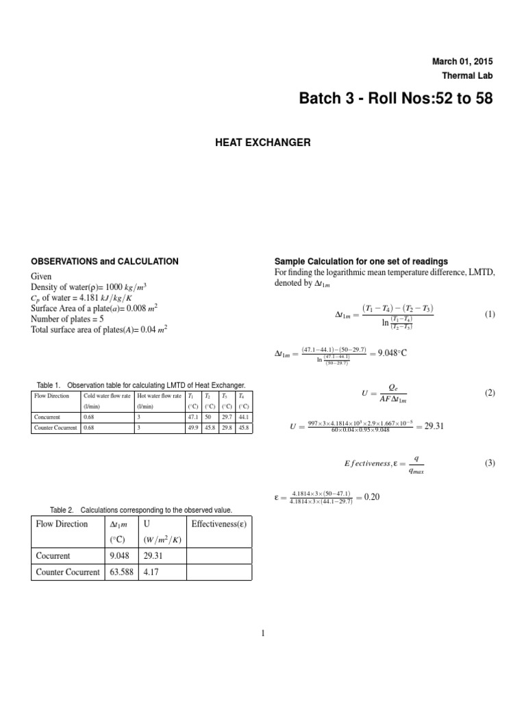 Batch 3 - Roll Nos:52 To 58: Heat Exchanger | PDF | Materials Science ...
