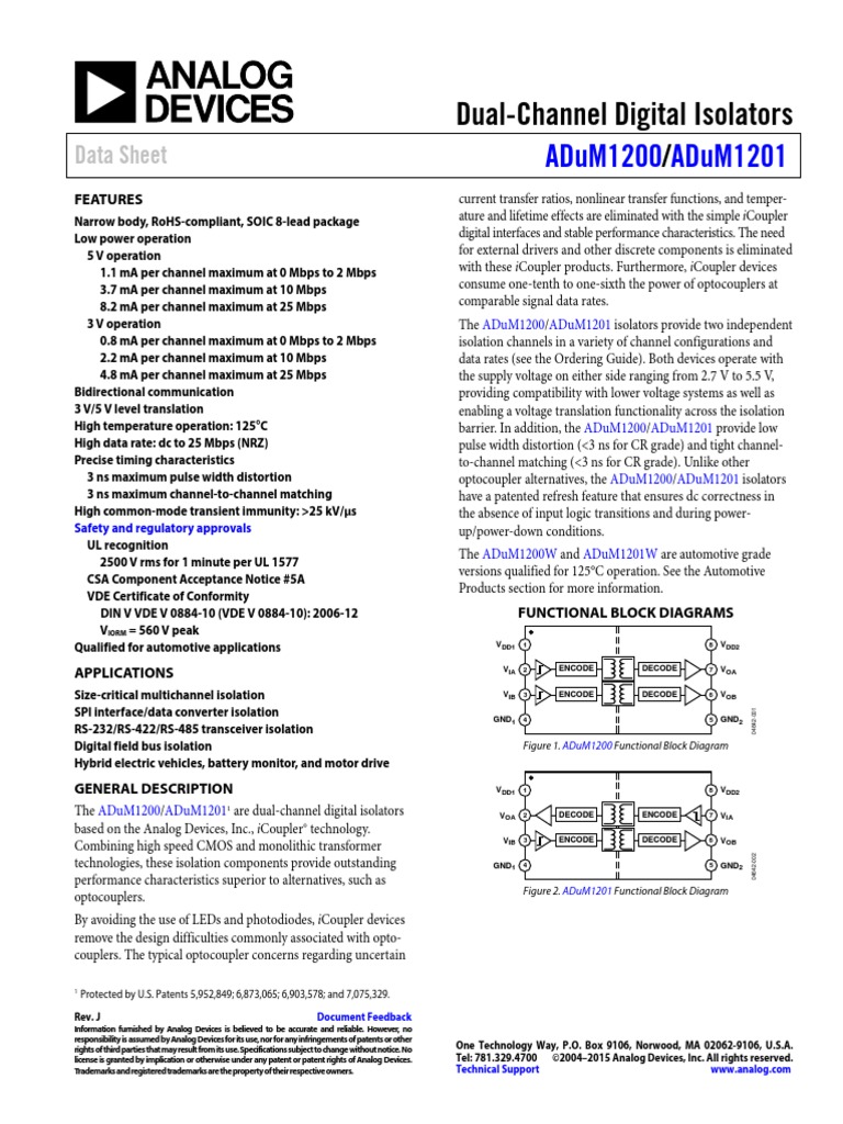 Dual-Channel Digital Isolators /: Adum1200 Adum1201 | PDF