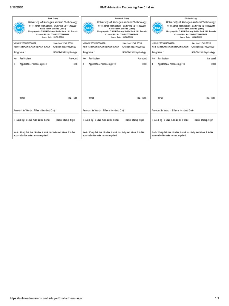 UMT Admission Processing Fee Challan | PDF | Services (Economics ...