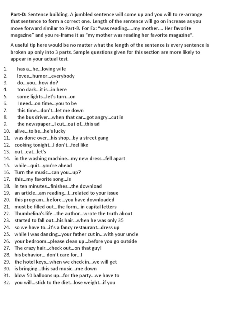 Part-D: Sentence Building. A Jumbled Sentence Will Come Up and You Will ...
