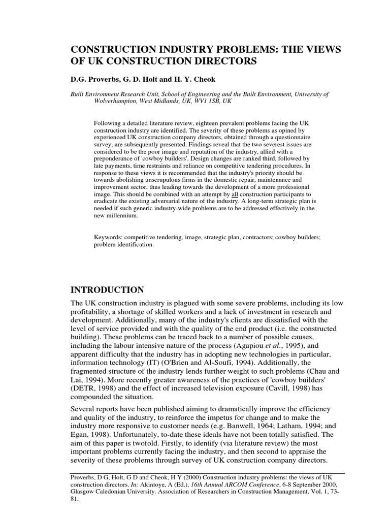 Construction Industry Problems: The Views of Uk Construction Directors ...