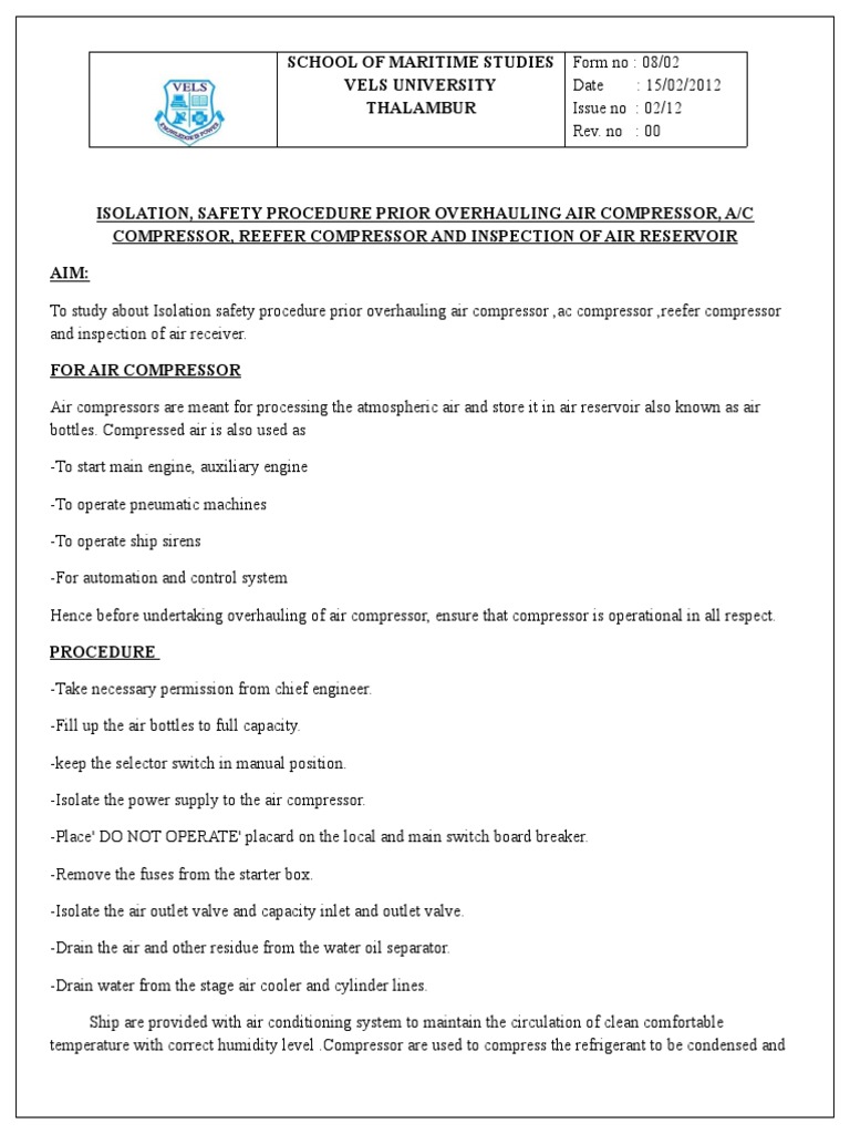 EX-5 Isolation, Safety Procedure Prior Overhauling Air Compressor, AC ...