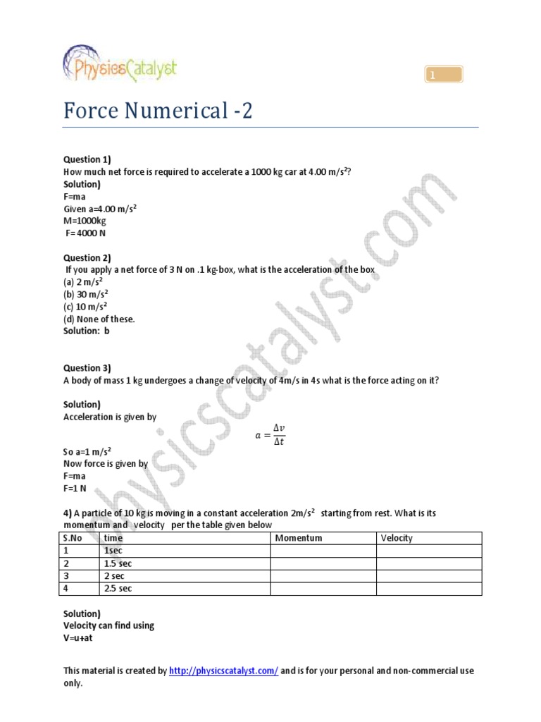Class 9 Force and Momentum Numericals | PDF | Momentum | Force