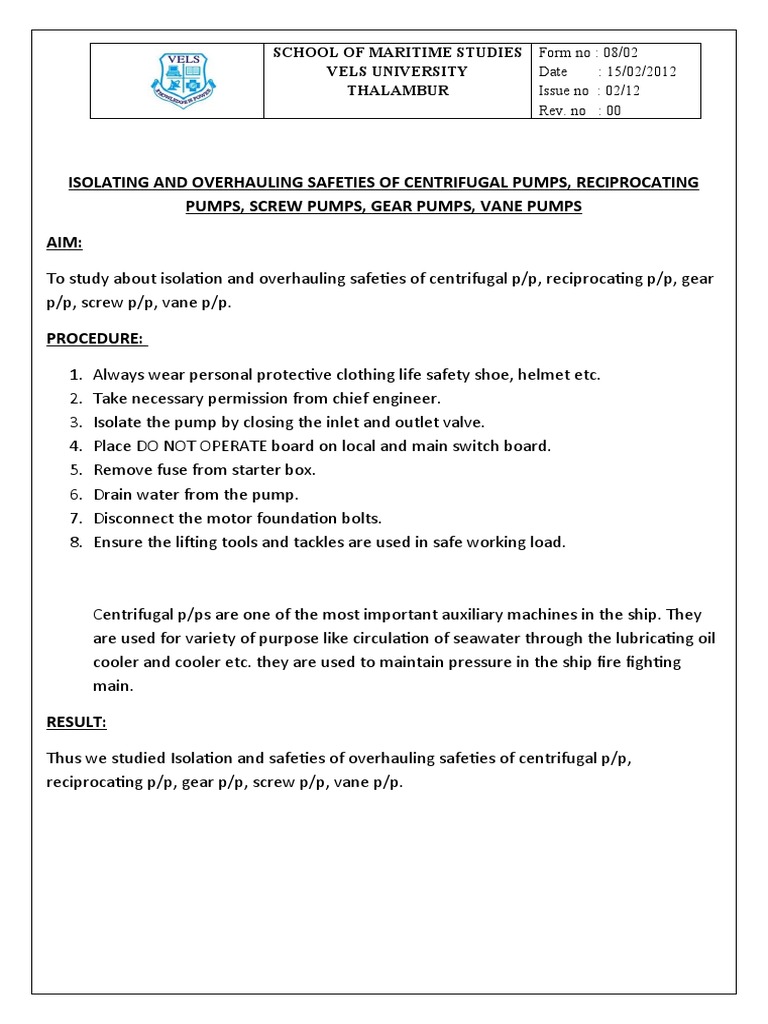 EX-6 Isolating and Overhauling Safeties of Centrifugal Pumps ...