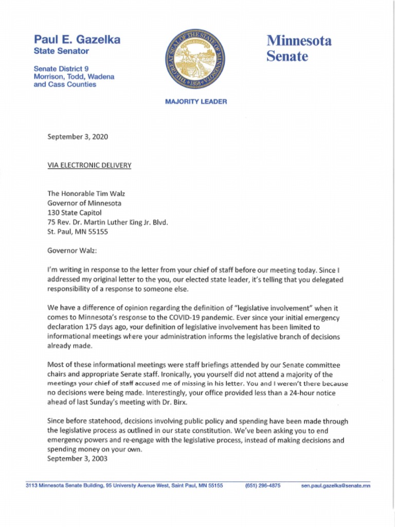Letter From Sen. Maj. Leader Paul Gazelka To Gov. Tim Walz - Sept. 3 ...