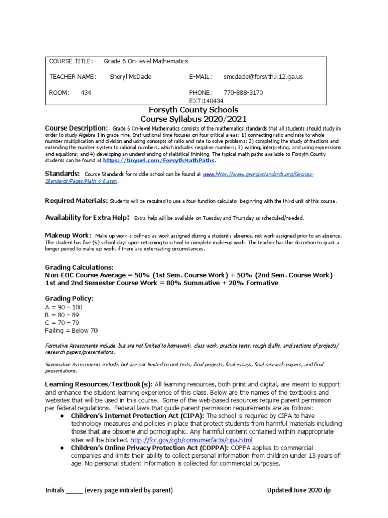 McDade Virtual FCS Course Syllabus 20-21 Middle School Math Grade 6 On ...