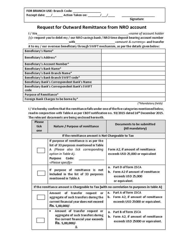 Request For Outward Remittance From NRO Account | PDF | Remittance | Loans
