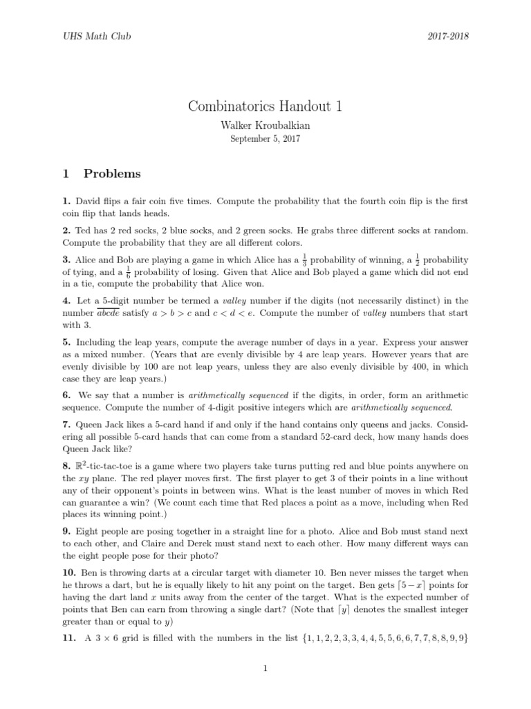 Combinatorics Handout 1: 1 Problems | PDF | Numbers | Mathematical Notation