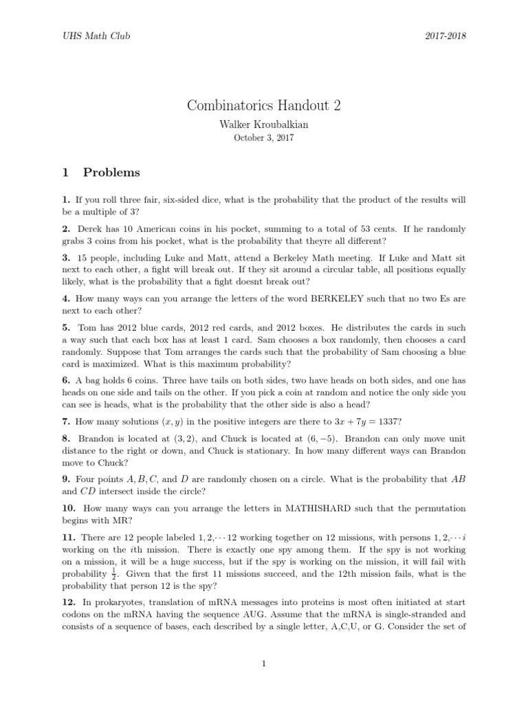 Combinatorics Handout 2: 1 Problems | PDF | Messenger Rna | Translation (Biology)