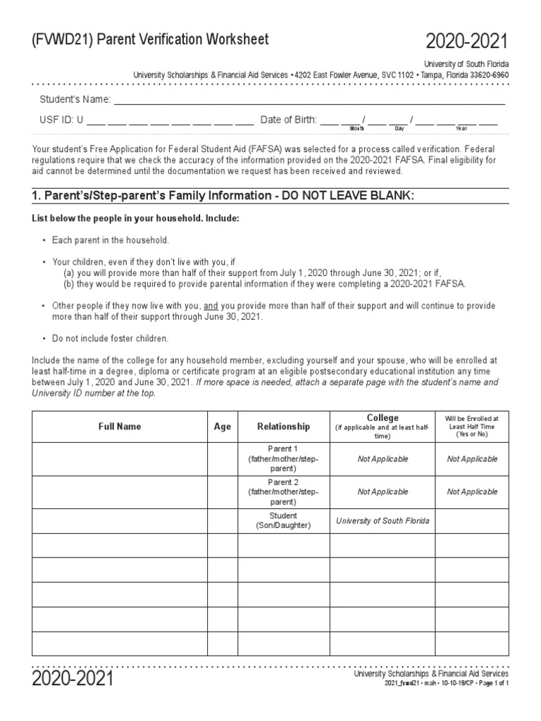 (FVWD21) Parent Verification Worksheet: 1. Parent's/Step-parent's ...