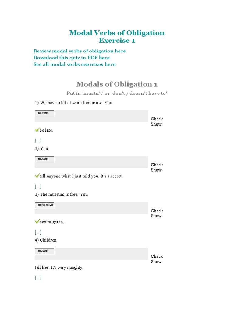 Modal Verbs of Obligation Exercise: Must and Mustn't vs. Don't/Doesn't ...
