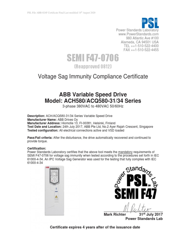 SEMI F47-0706: Voltage Sag Immunity Compliance Certificate | PDF