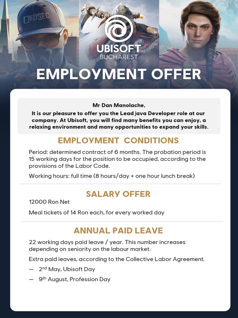 Ubisoft - Employment - Offer - Dan Manolache PDF | PDF