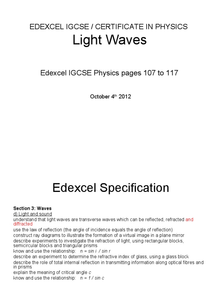 Light Waves: Edexcel Igcse / Certificate in Physics | PDF | Refraction ...