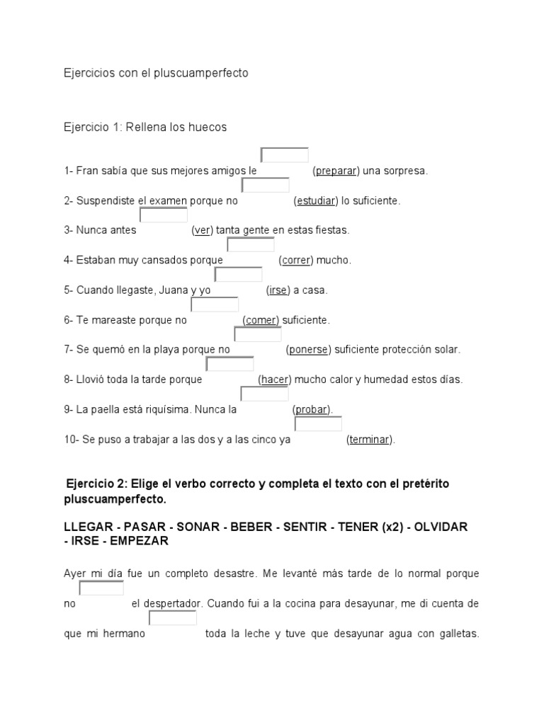 Ejercicios Con El Pluscuamperfecto | PDF | Artes del lenguaje y disciplina