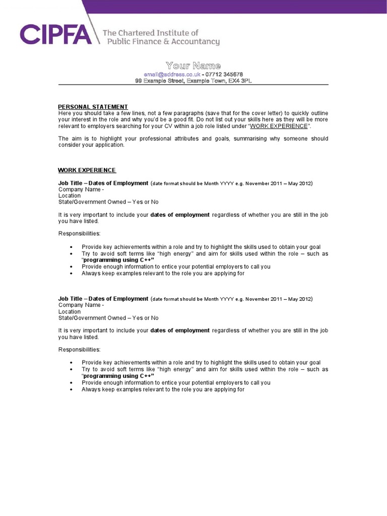 CIPFA CV Template | PDF | Gce Advanced Level (United Kingdom) | Employment