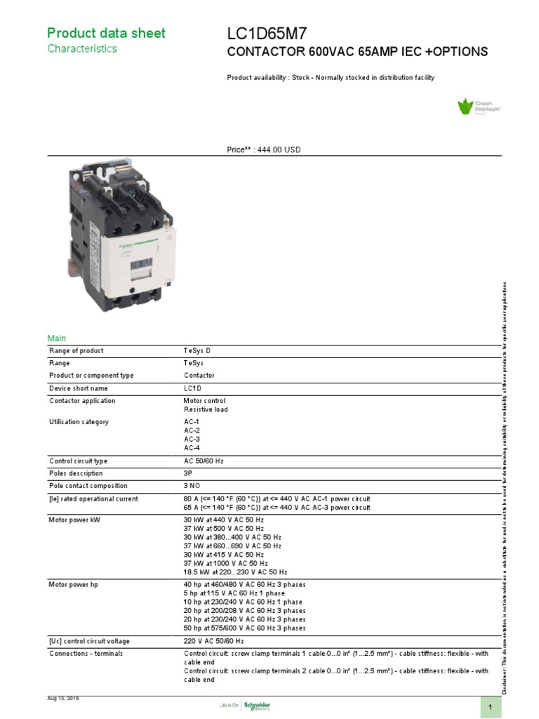 TeSys D Contactors - LC1D65M7 | PDF | Alternating Current | Electrical ...