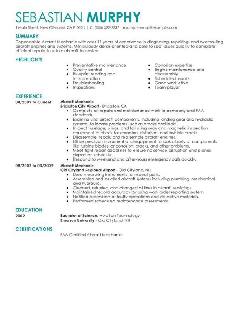 Aircraft Technician Resume Examples 42 Best Work Ethic Examples For ...