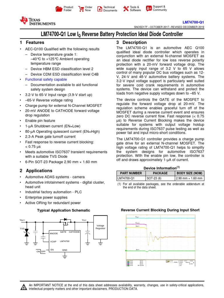 LM74700-Q1 Low I Reverse Battery Protection Ideal Diode Controller ...