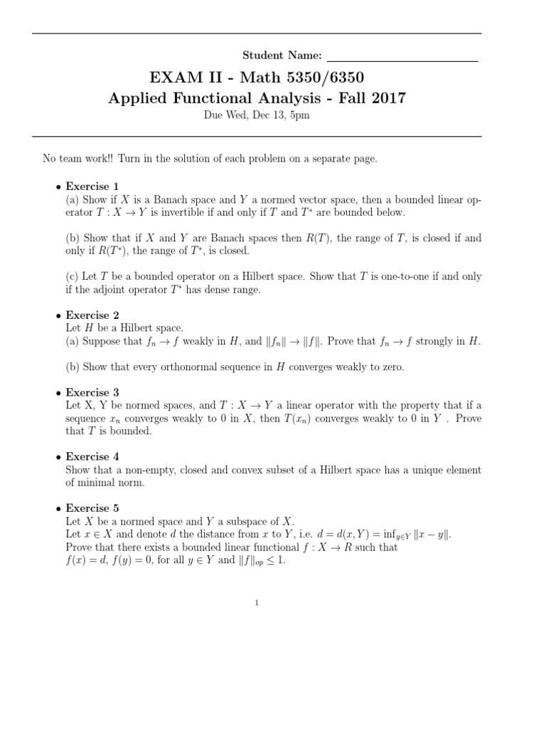 EXAM II - Math 5350/6350 Applied Functional Analysis - Fall 2017 | PDF