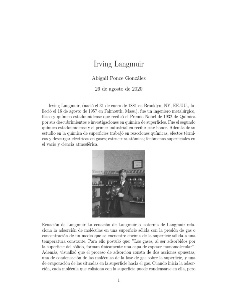 Irving Langmuir y la Ecuación de Adsorción | PDF