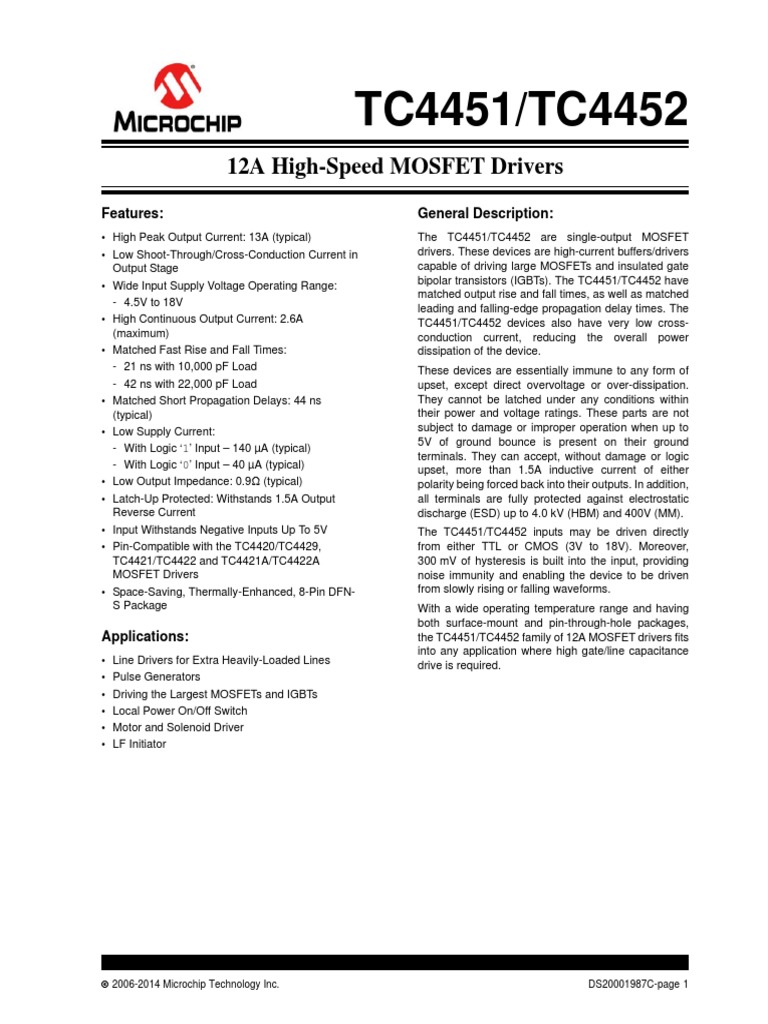 TC4451/TC4452: 12A High-Speed MOSFET Drivers | PDF | Mosfet | Cmos