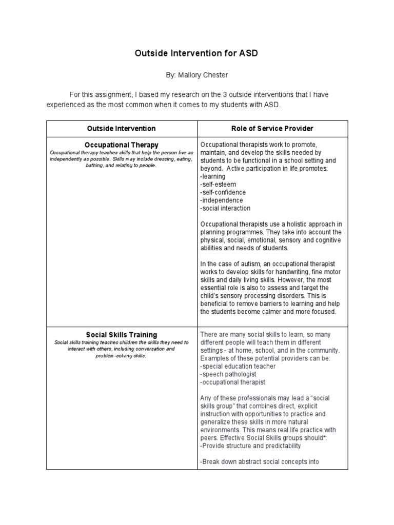 Outside Intervention For ASD | PDF | Occupational Therapy | Autism Spectrum