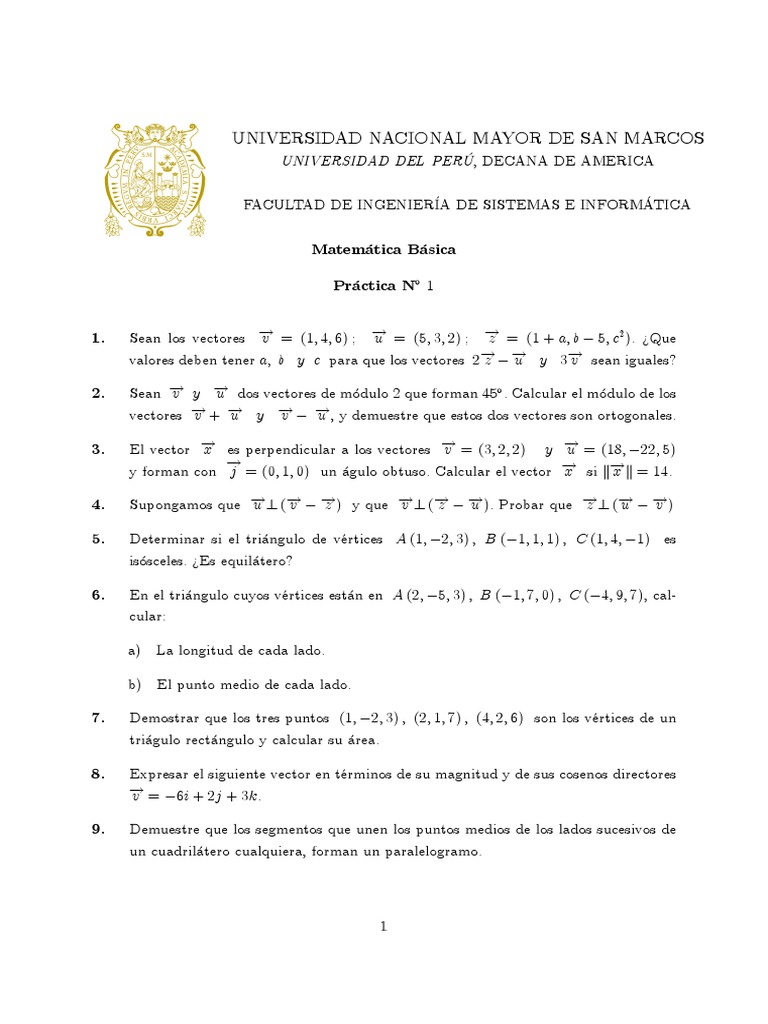 Practica 01 Matematica Basica UNMSM | PDF | Vector Euclidiano | Triángulo