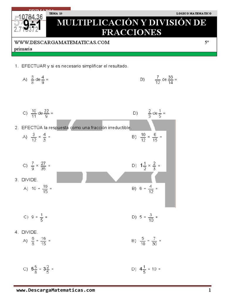 15 Multiplicación y División de Fracciones Quinto de Primaria | PDF