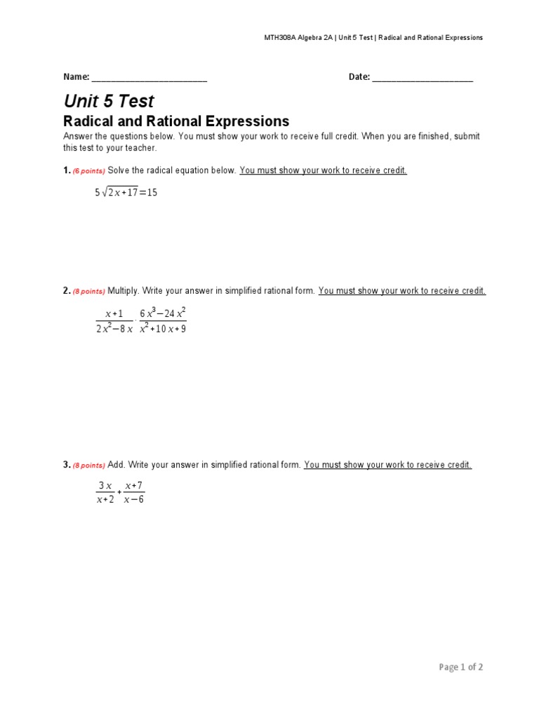 Unit 5 Test: Radical and Rational Expressions | PDF | Career & Growth ...