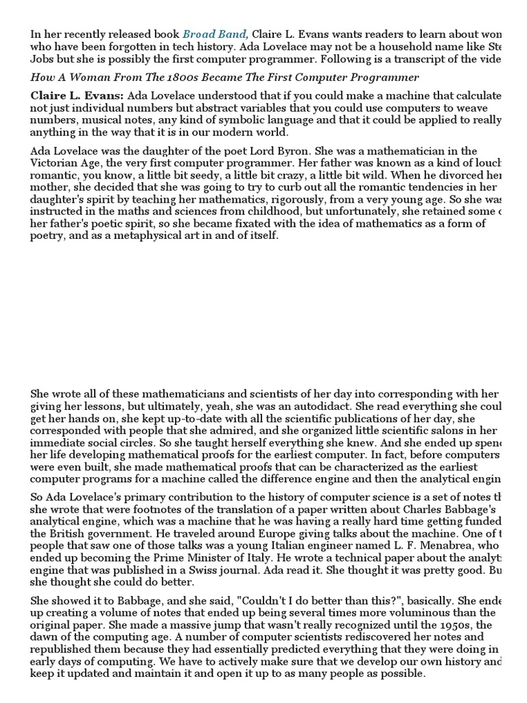 First Computer Programmer From 1800s | PDF | Science | Computing And ...