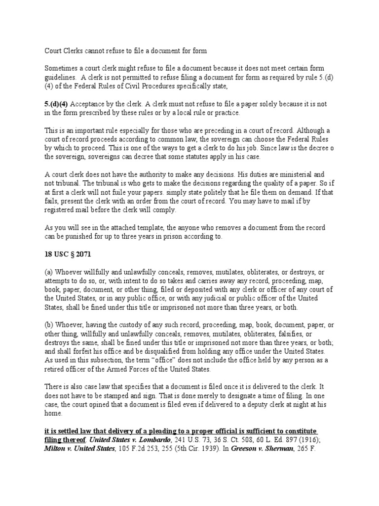 Court Clerks Cannot Refuse To File A Document For Form | PDF | Law ...