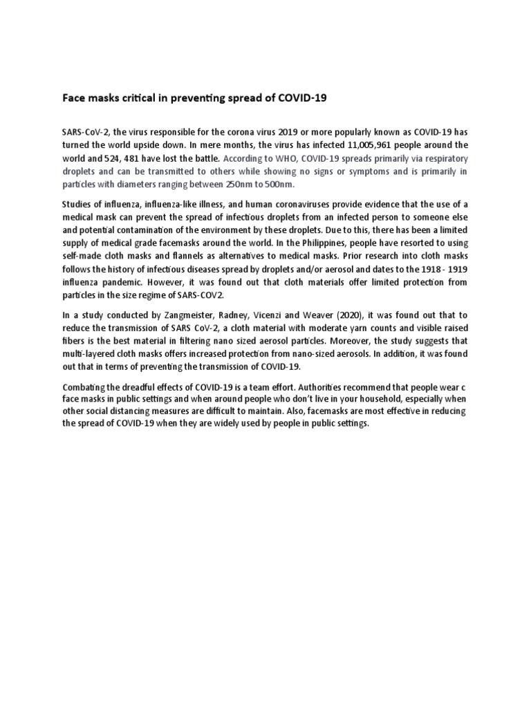Importance of Face Masks in COVID-19 Spread | PDF