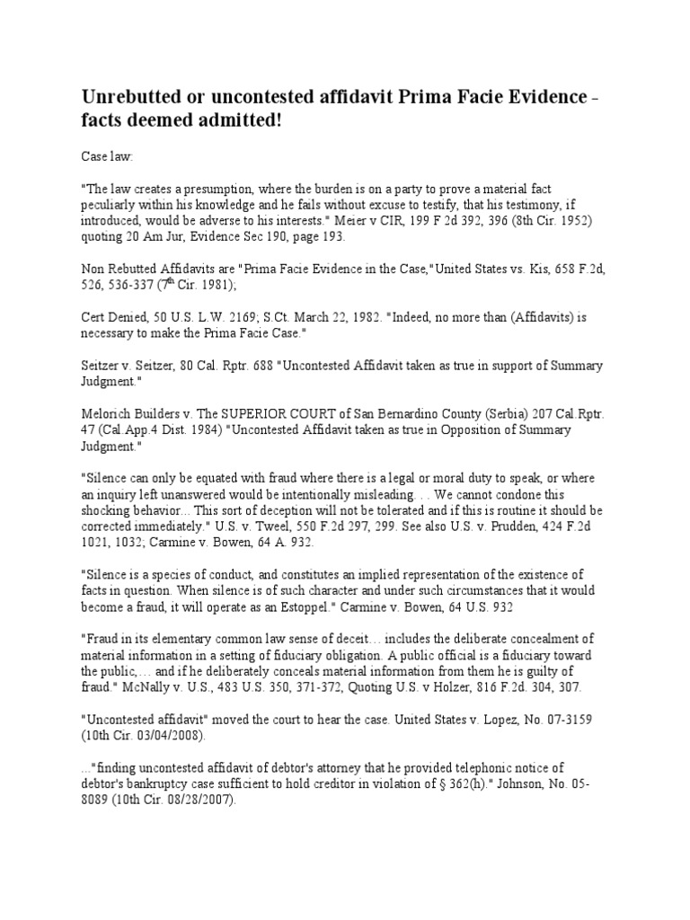 Unrebutted or Uncontested Affidavit Prima Facie Evidence | PDF ...