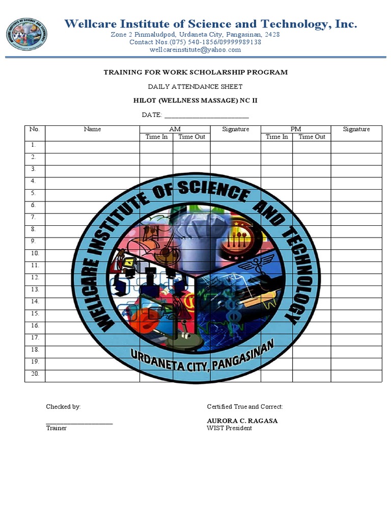 Hilot NC II Attendance Sheet Template | PDF