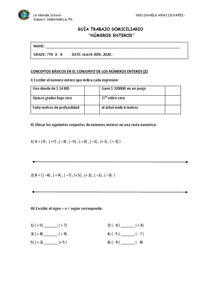 7mo Basico GUIA TRABAJO 1 Numeros Enteros | PDF | Entero | Números