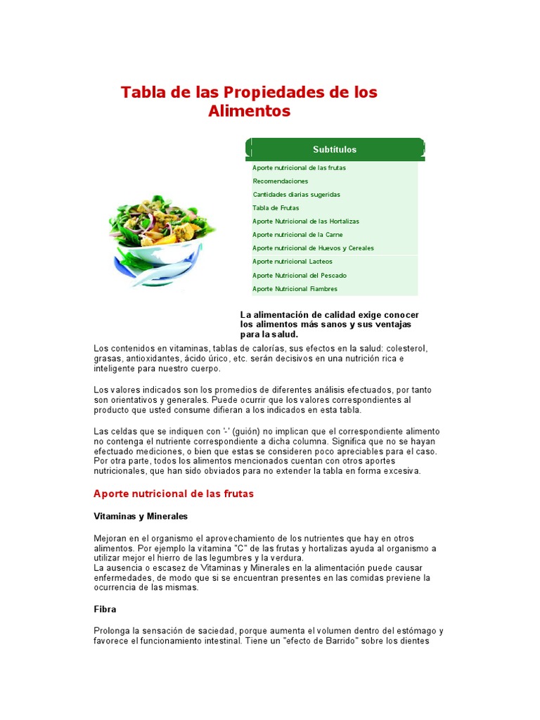 Tabla de Las Propiedades de Los Alimentos | PDF | Alimentos | Nutrición