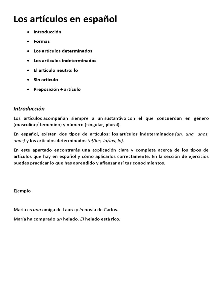 Los Artículos en Español | PDF | Plural | Sustantivo