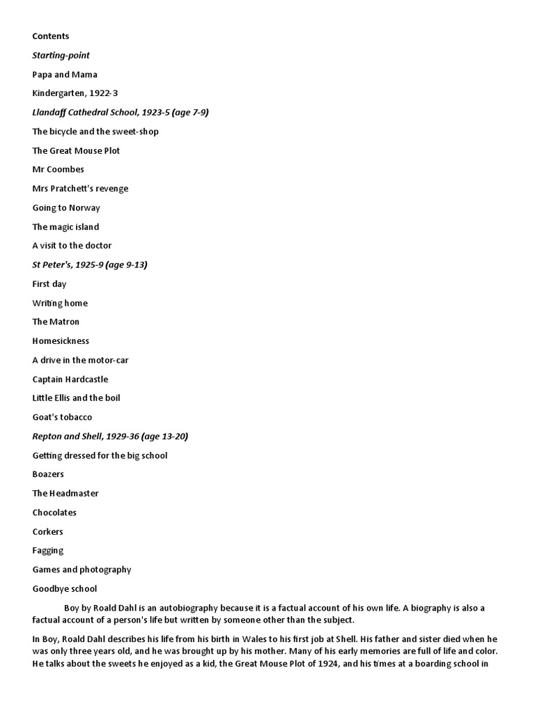 Summary of Boy by Roald Dahl | PDF