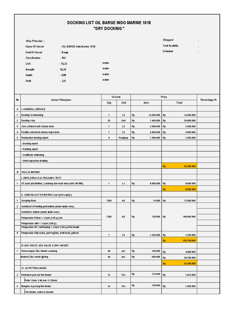 Cost Estimate Docking List-OB Indo Marine 1018 | PDF | Materials | Nature